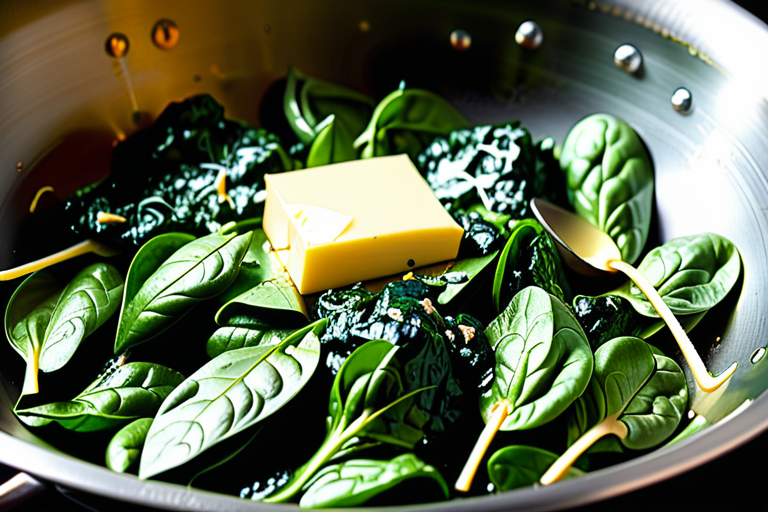 Sautéing Fresh Spinach Leaves with Butter in a Stainless Steel Pan.