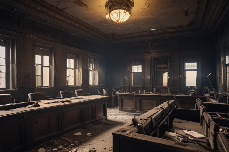 dimly-lit scary post-apocalyptic destroyed courtroom