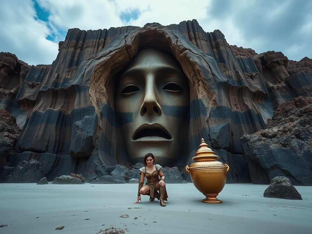 Exploring the Mystical Landscape with a Giant Face and Golden Urn