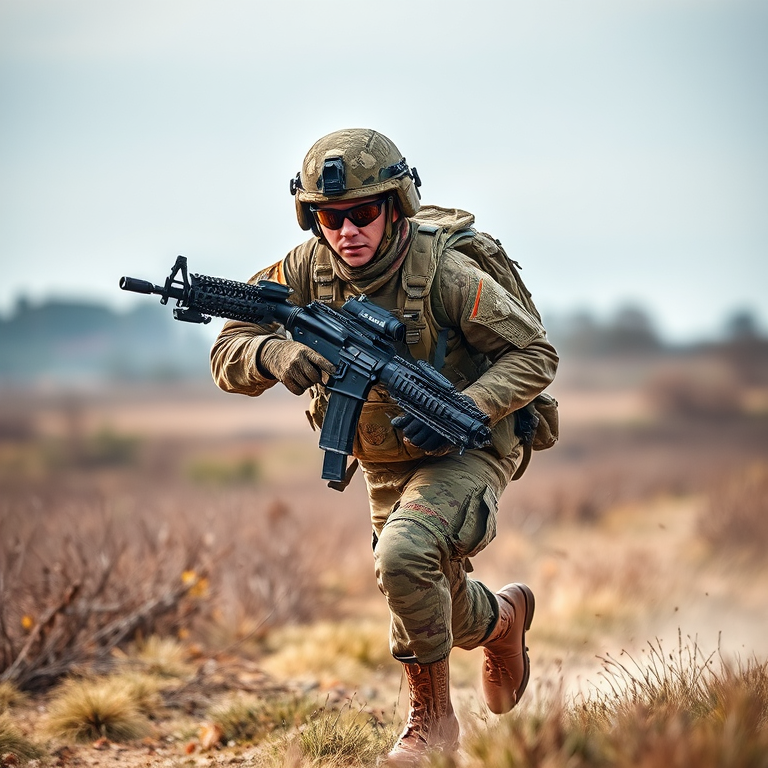Create an action shot of a soldier in camouflage gear running with a ...