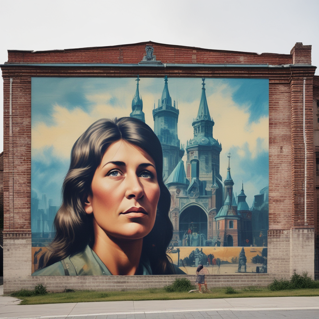 faded and worn Soviet military power style propaganda mural on a ...
