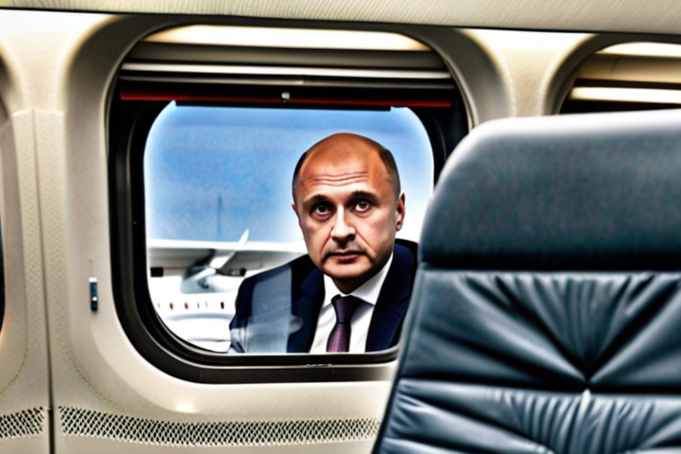 Frightened Evgeny Prigozhin sitting in plane and looking in the window ...