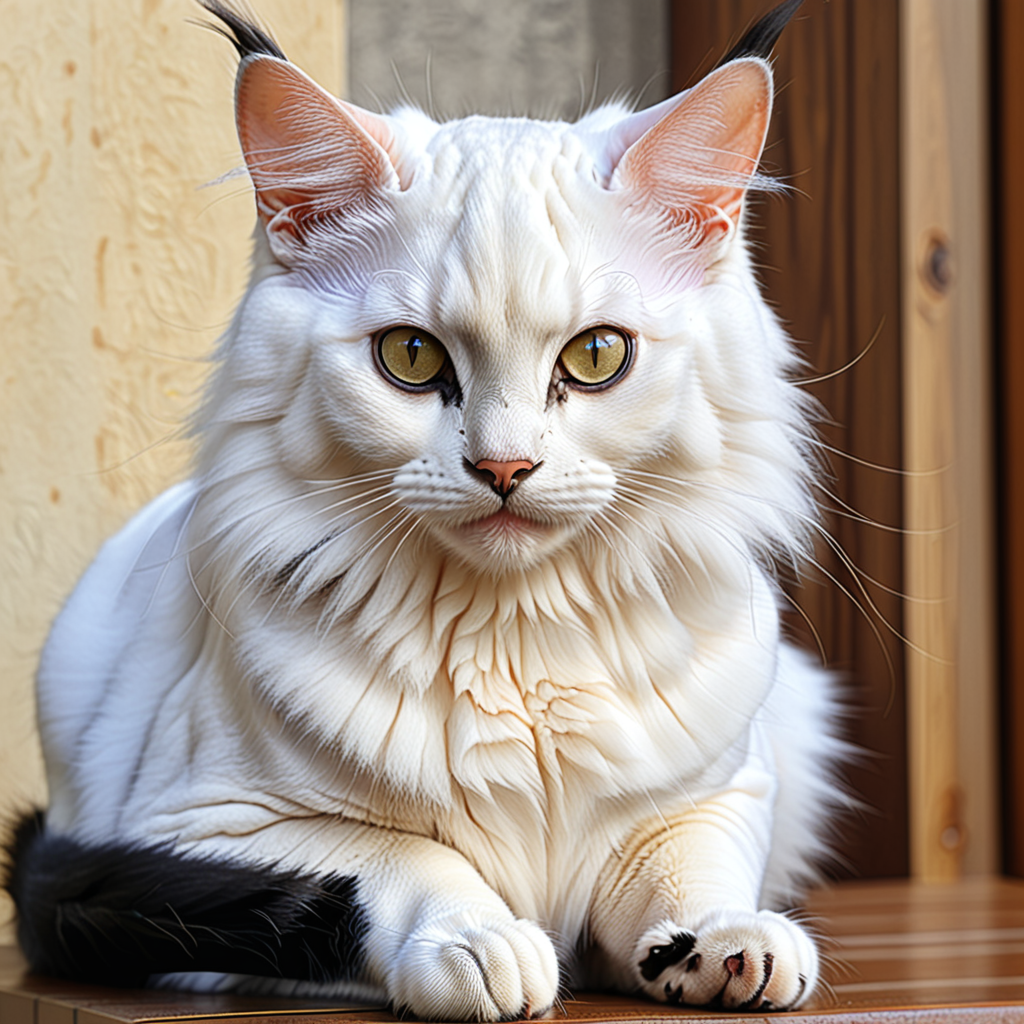A Majestic White Cat with Striking Features Sitting Gracefully Outdoors.