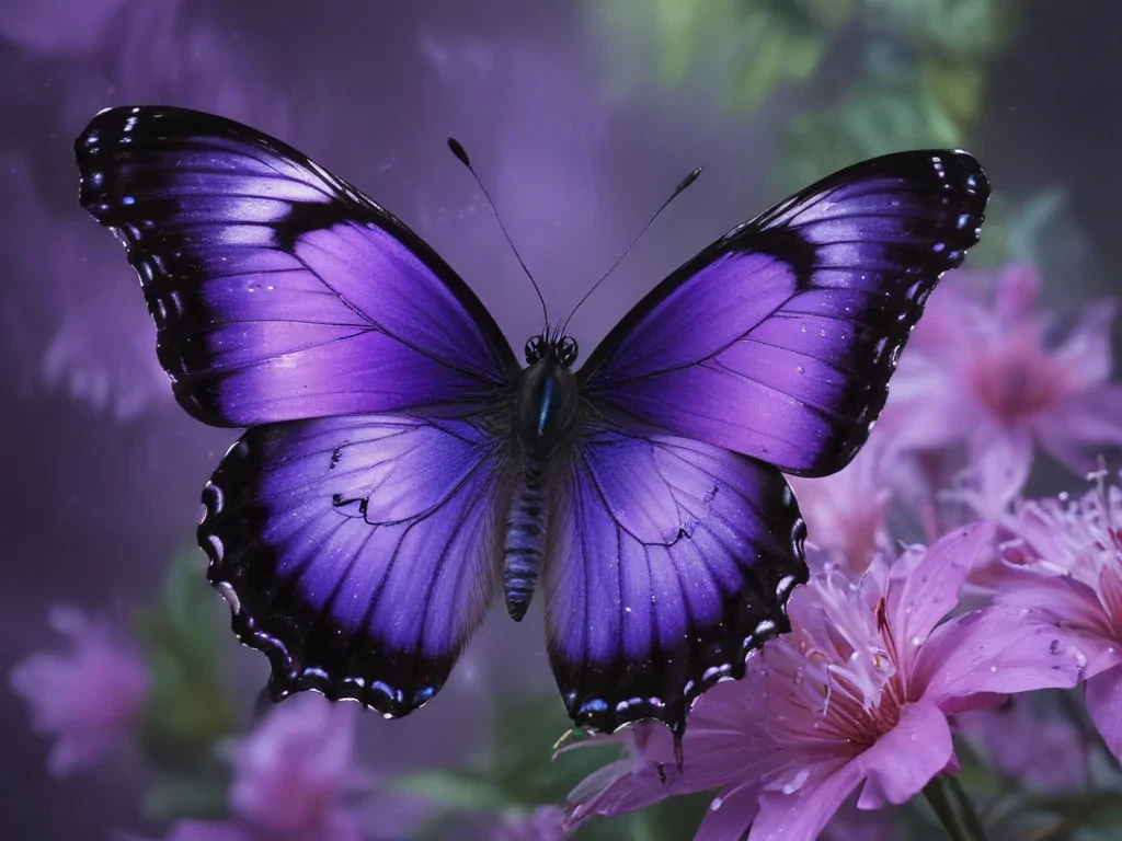 Majestic Purple Butterfly Gracefully Perched Among Vibrant Pink Flowers ...