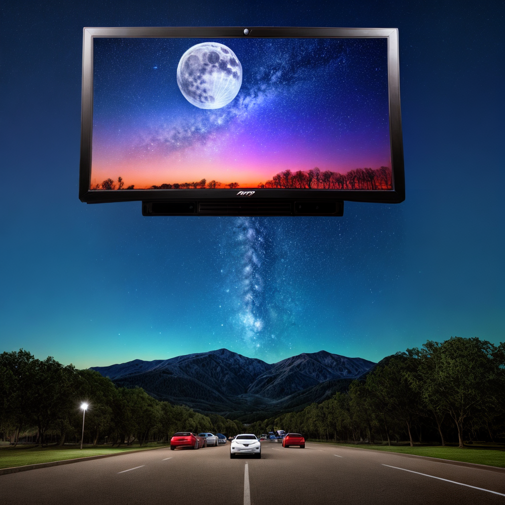 outdoor drive in screen at night with moon and stars in backgroud ...