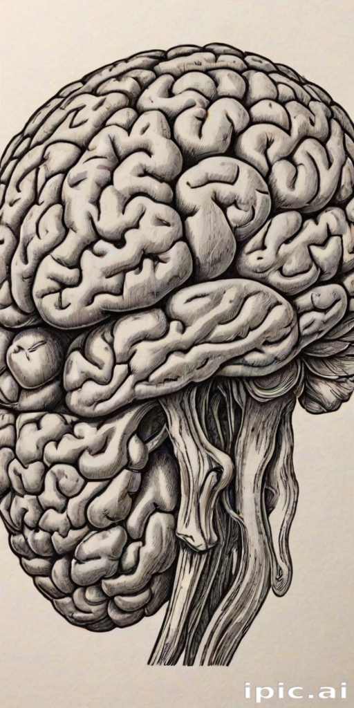 Intricate Illustration of a Human Brain with Detailed Anatomical Features