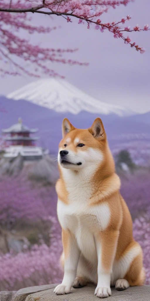 Art Shiba inu in front of purple foggy purple mountain background with ...