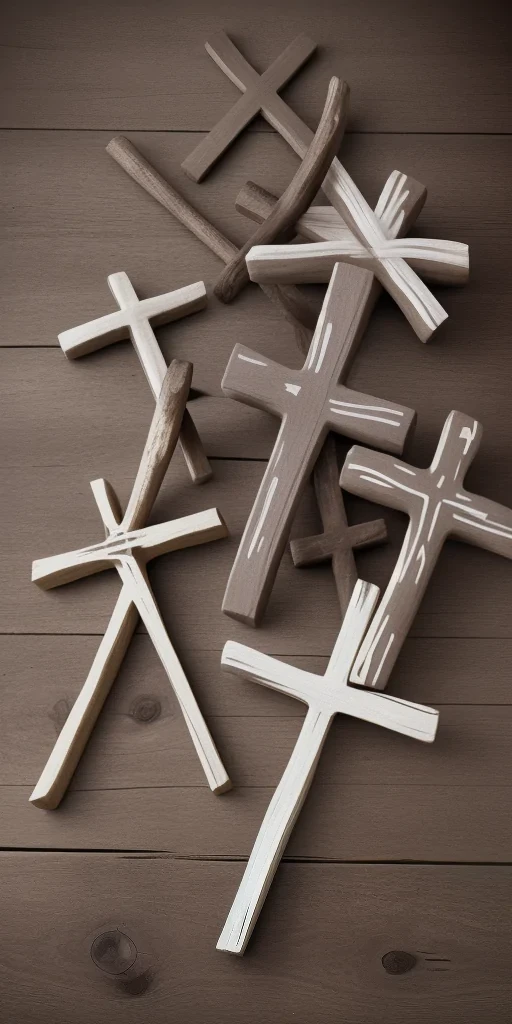 An Artistic Arrangement of Handcrafted Wooden Crosses on a Rustic Table