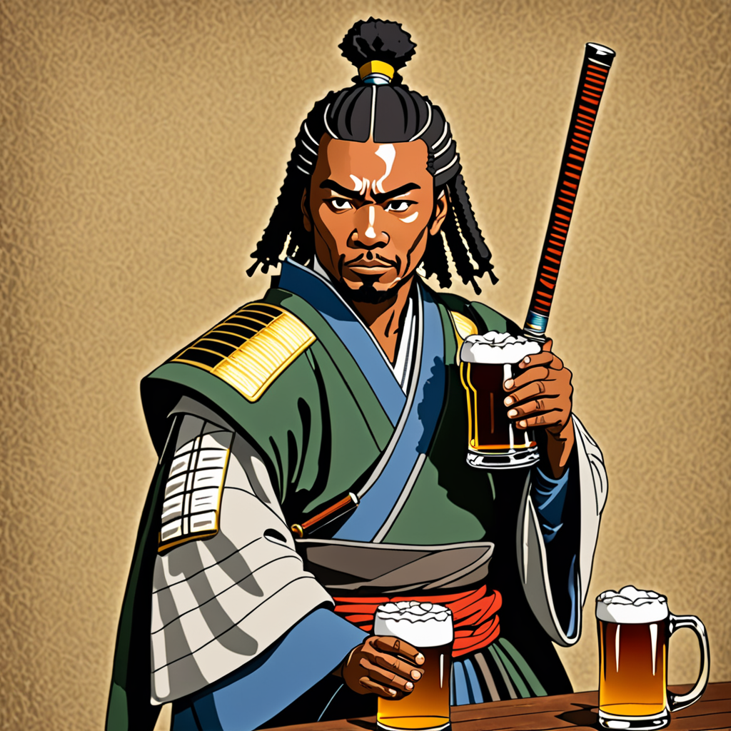 african american samurai drinking tall beer studio ghibli style