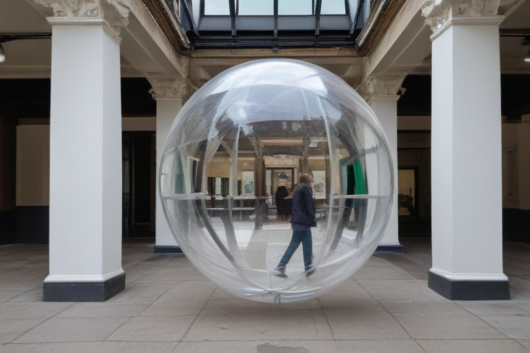 installation, large clear ball stuffed with plastic film, hanging over ...
