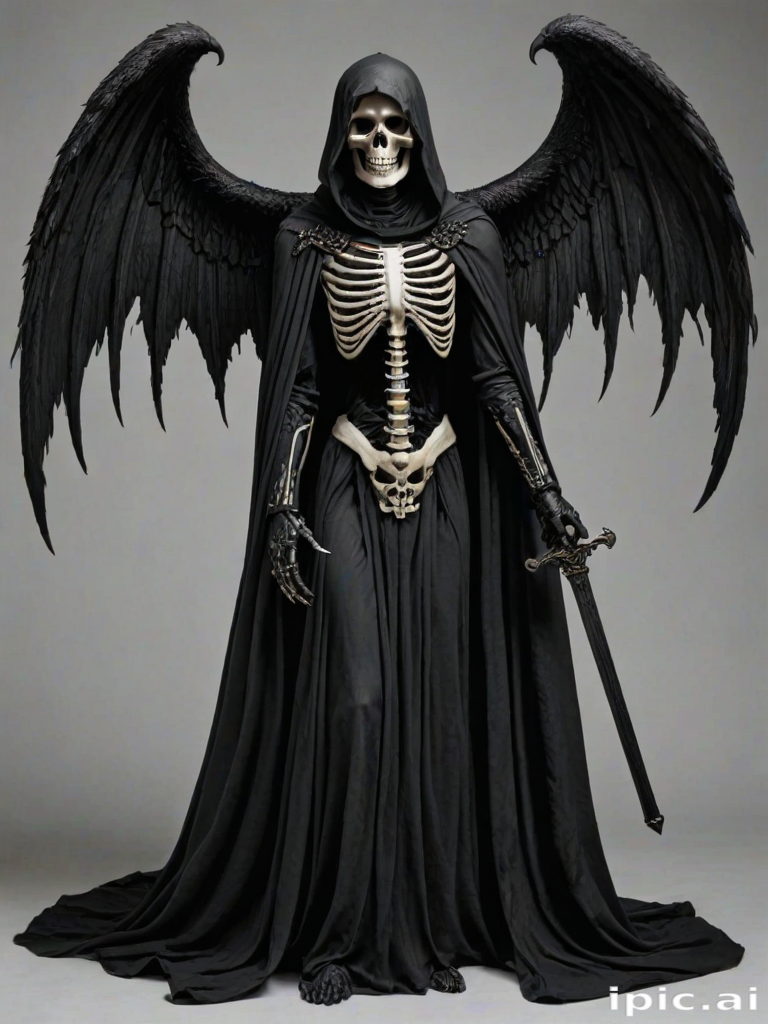 Majestic Dark Figure of a Winged Skeleton in Flowing Black Robes