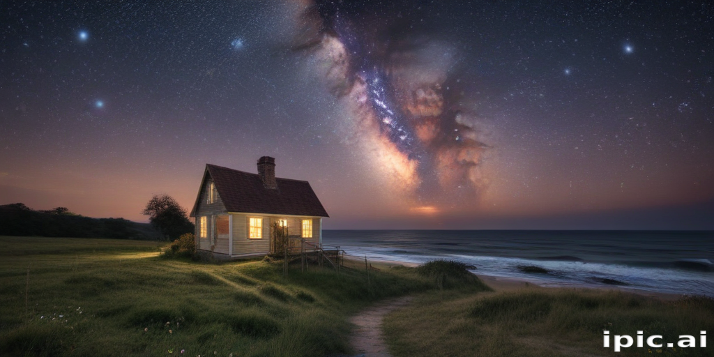 Majestic Night Sky Over a Tranquil House by the Ocean Shore