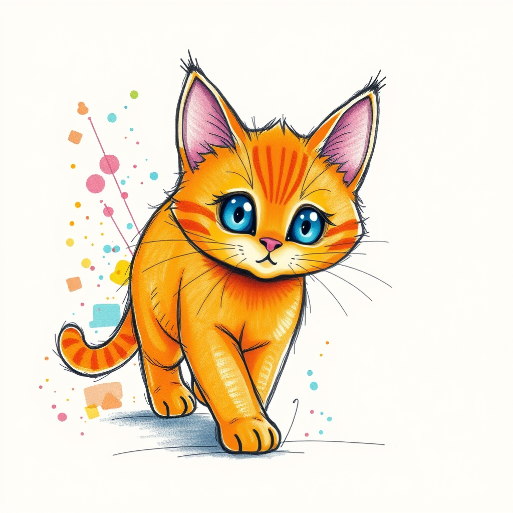 A Playful Orange Kitten Strutting Happily with Bright Colorful Background.