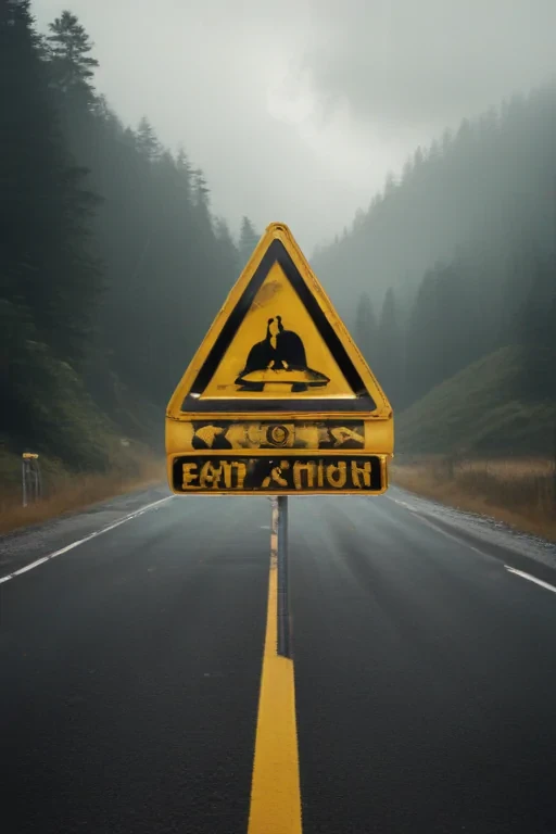 Caution: Unusual Warning Sign on Foggy Road Surrounded by Lush Forest