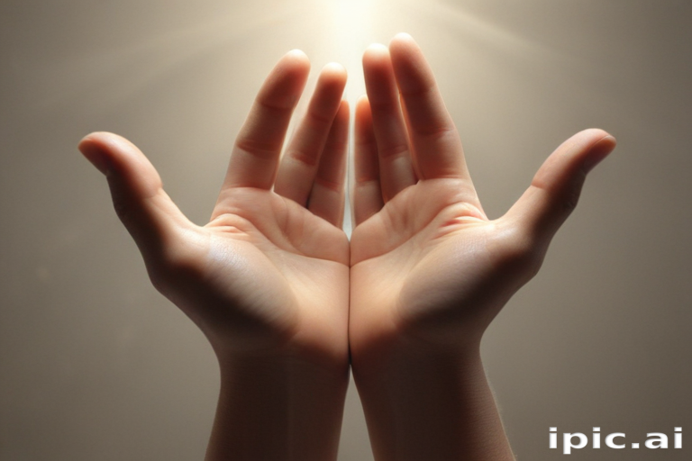 Two Open Hands Reaching Towards a Bright Light Source Above