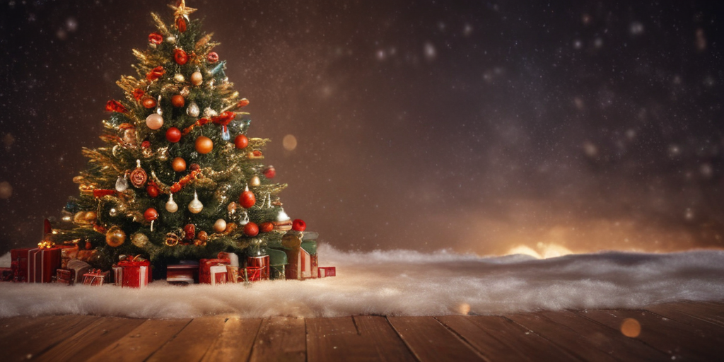 Beautifully Decorated Christmas Tree Surrounded by Colorful Gifts and Snow