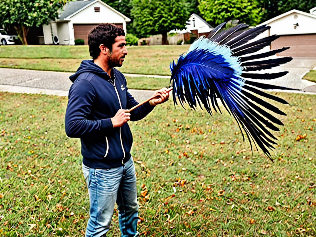 a guy trying to fight with a huge feather