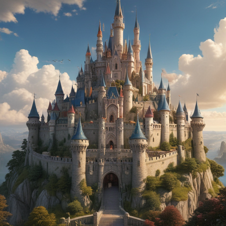 A Majestic Fairytale Castle Surrounded by Lush Greenery and Blue Skies