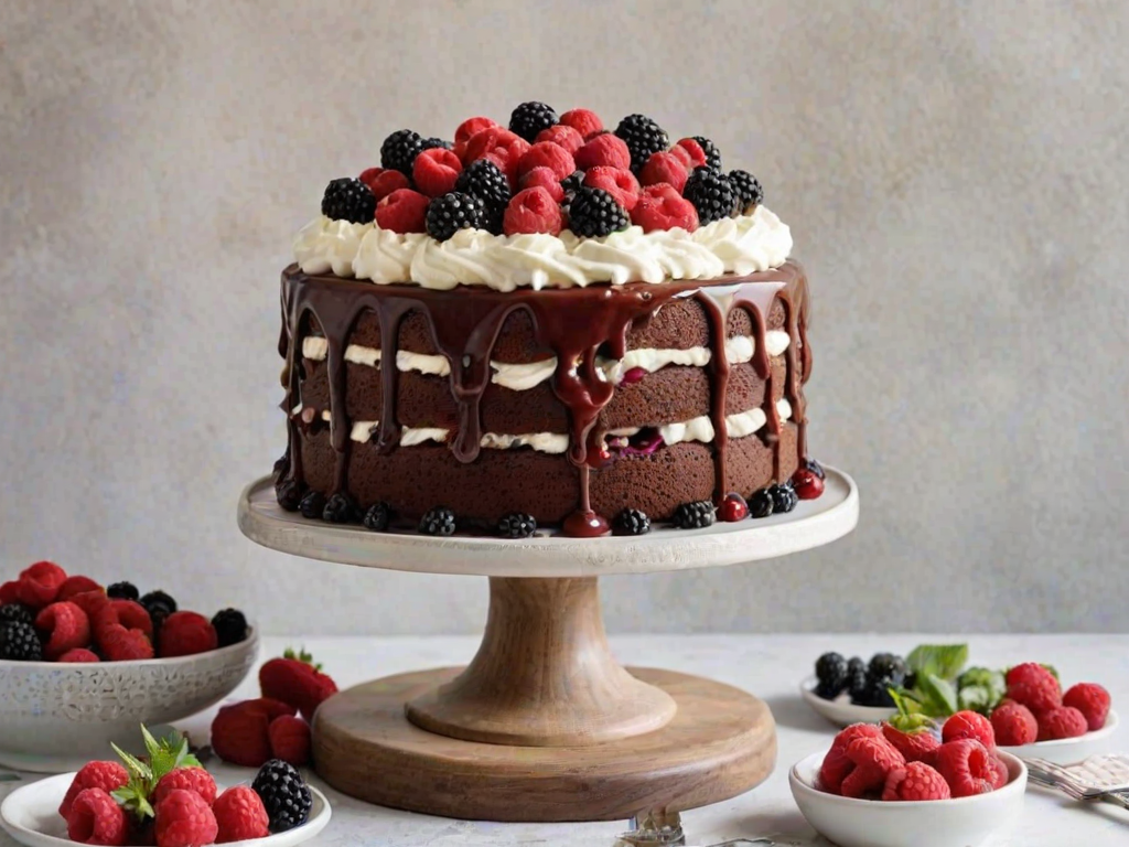 Decadent Chocolate Cake Topped with Fresh Berries and Whipped Cream ...
