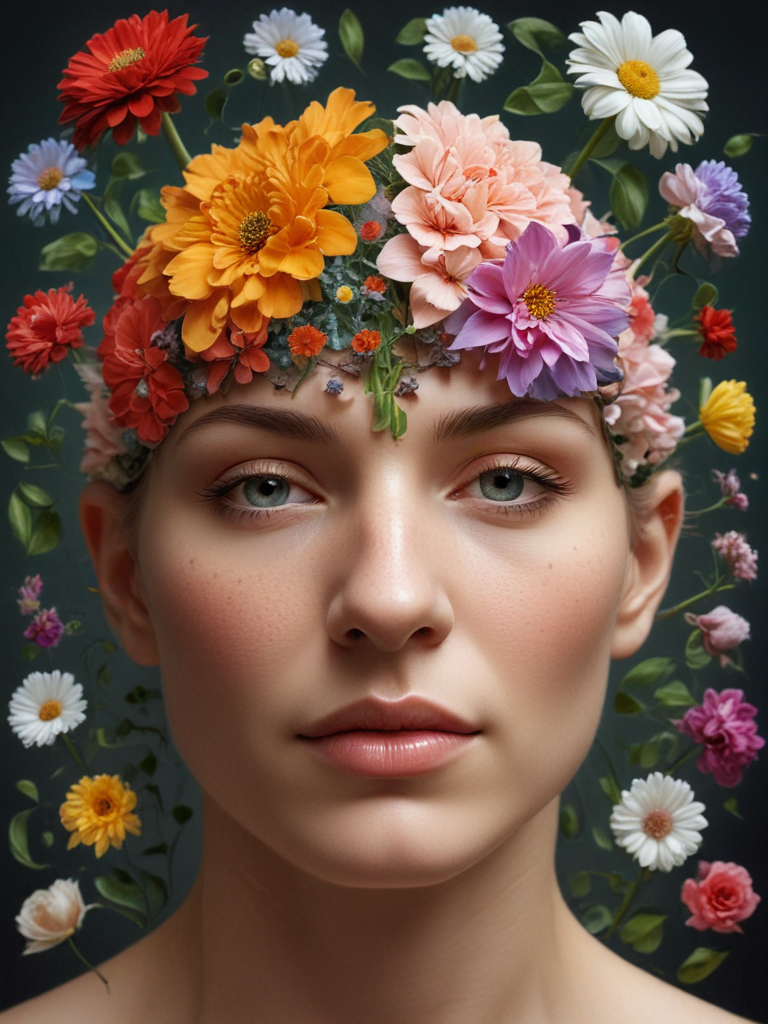 Beauty Blossoms: A Woman's Head Adorned with Colorful Floral Arrangements