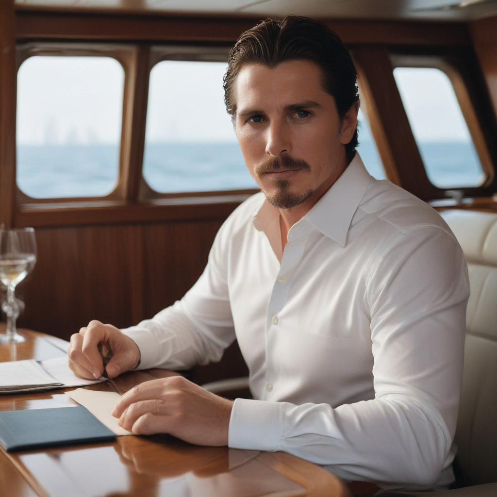 Christian bale as bruce wayne,inside a luxury yacht,