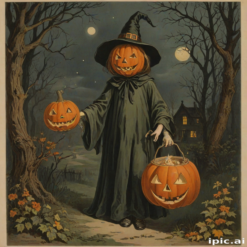 Whimsical Halloween Scene Featuring a Witch with Pumpkin Lanterns at Night
