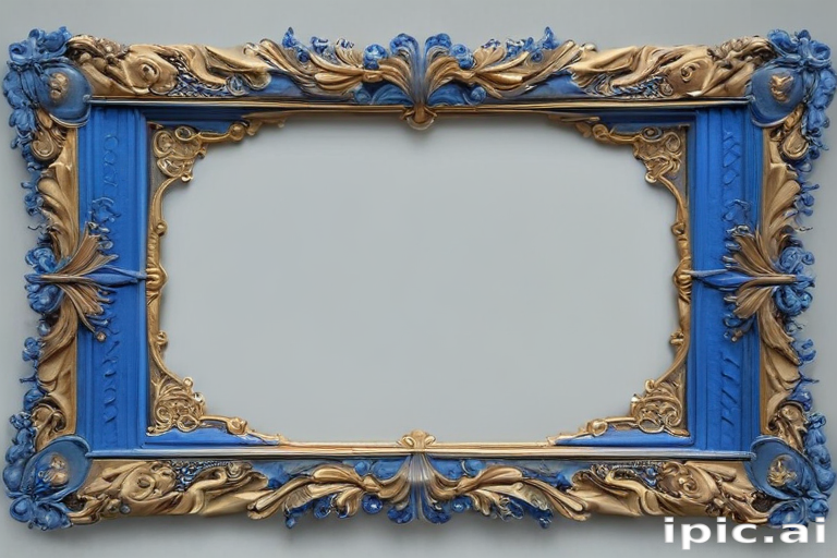 Ornate Blue and Gold Picture Frame with Intricate Floral Designs