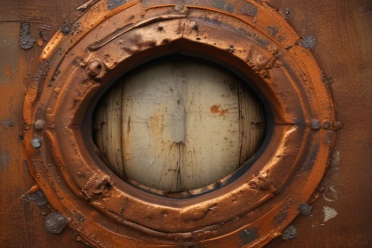 Rusty Porthole Frame Revealing Weathered Wooden Surface Behind It.