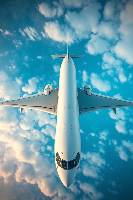 Create an aerial view of a commercial airplane with detailed features ...