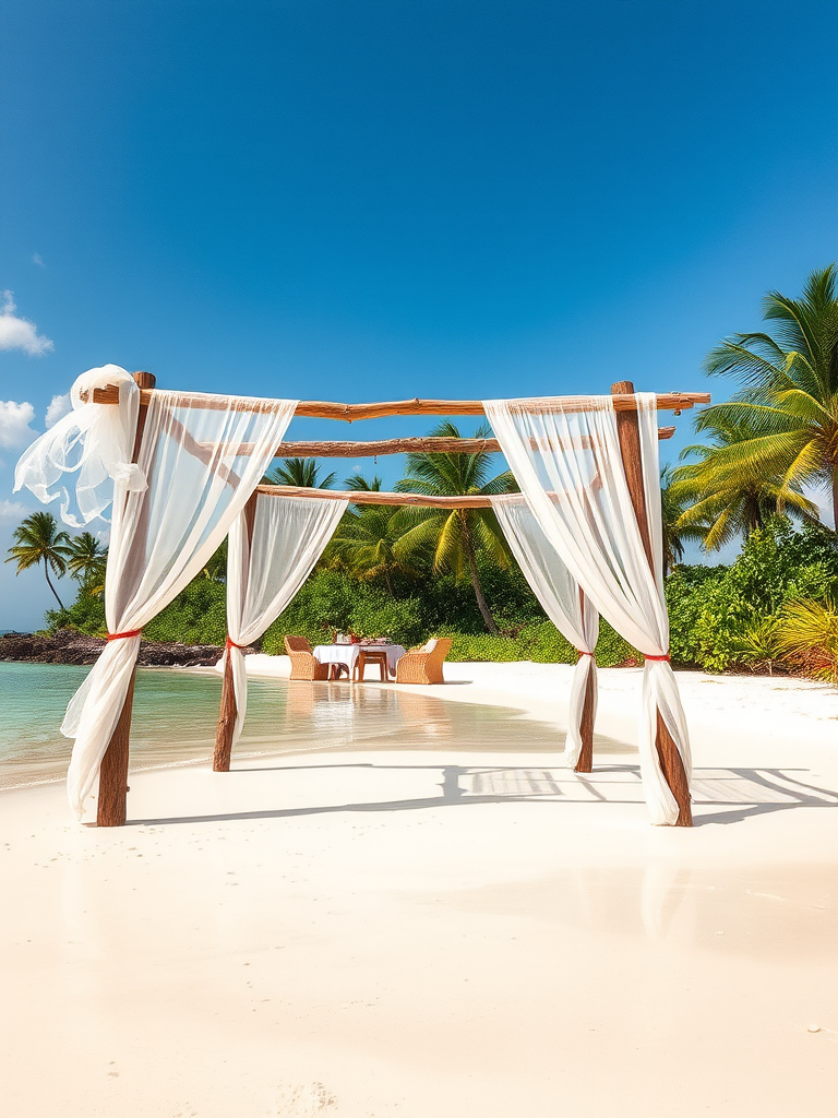 Romantic Beachside Setting with Elegant Drapery and Serene Tropical ...