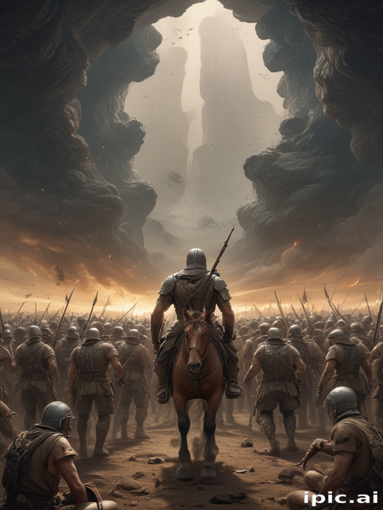 Epic Battle Scene: A Brave Knight Leads His Army Through Majestic Caves