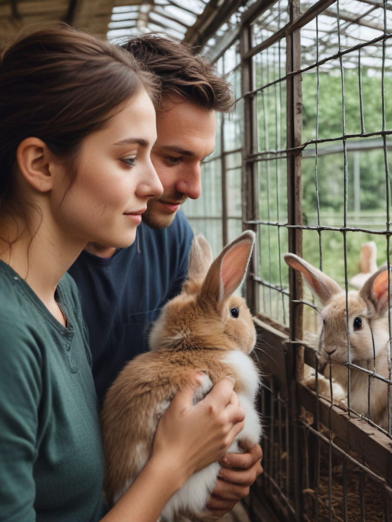 A realistic photo of a father and daughter looking at rabbits in a cage ...
