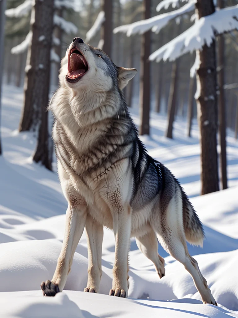 A Majestic Wolf Howling in the Snowy Winter Forest Landscape.