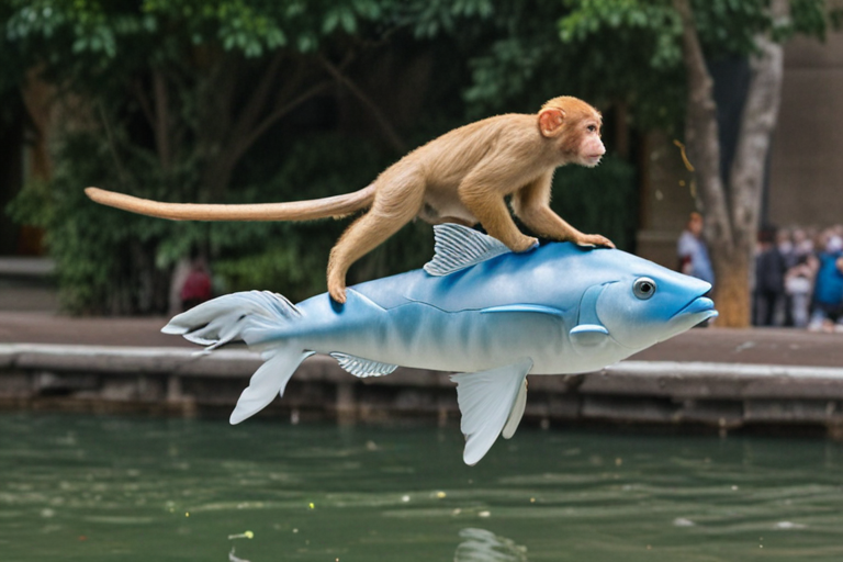 Monkey on a flying fish in the city
