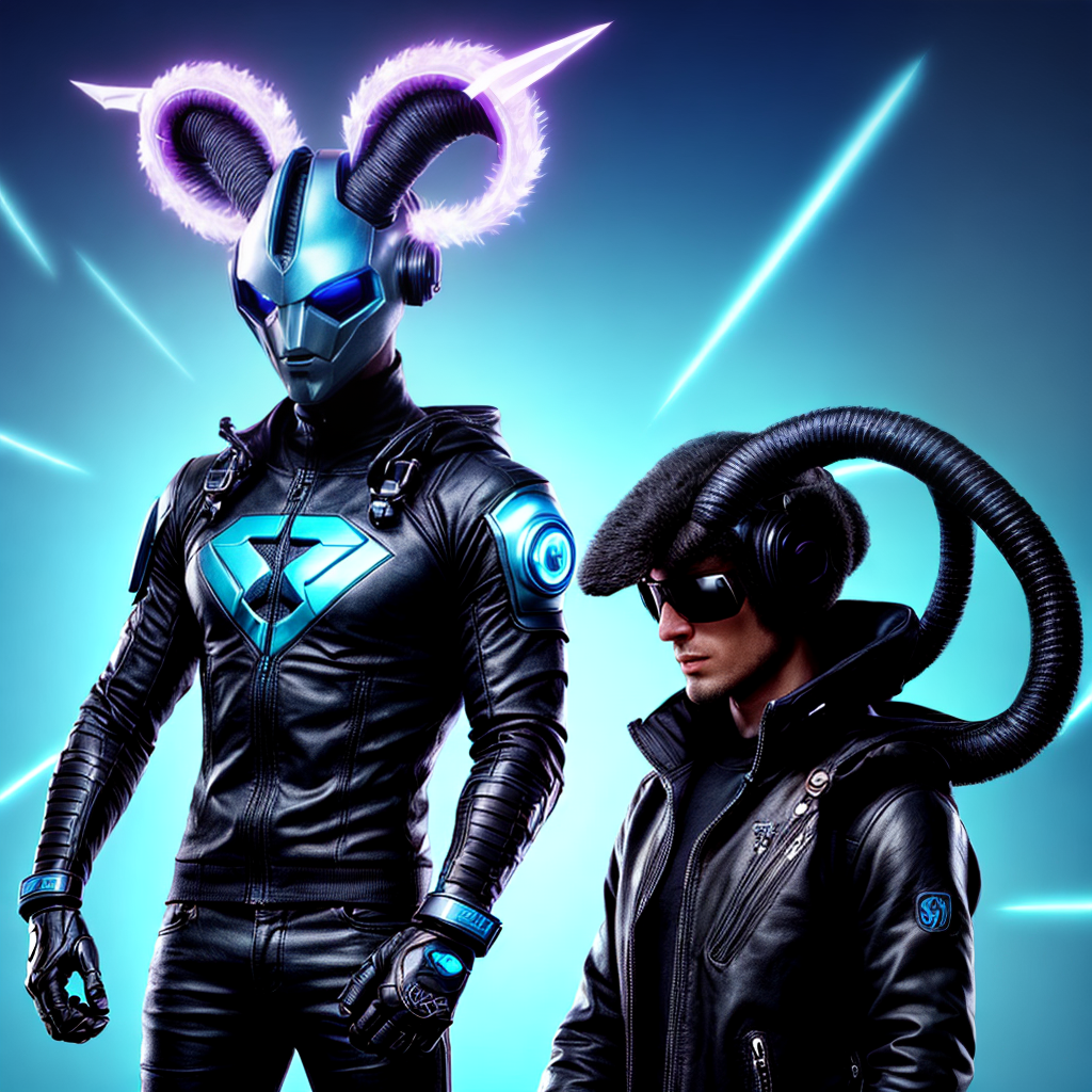cyberpunk dj with goat mask/helmet, white cyan, profile pic