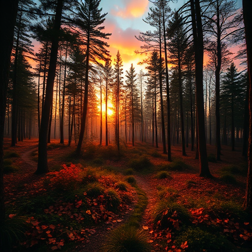 Enchanting Forest at Sunset: A Serene Pathway Through Nature's Beauty