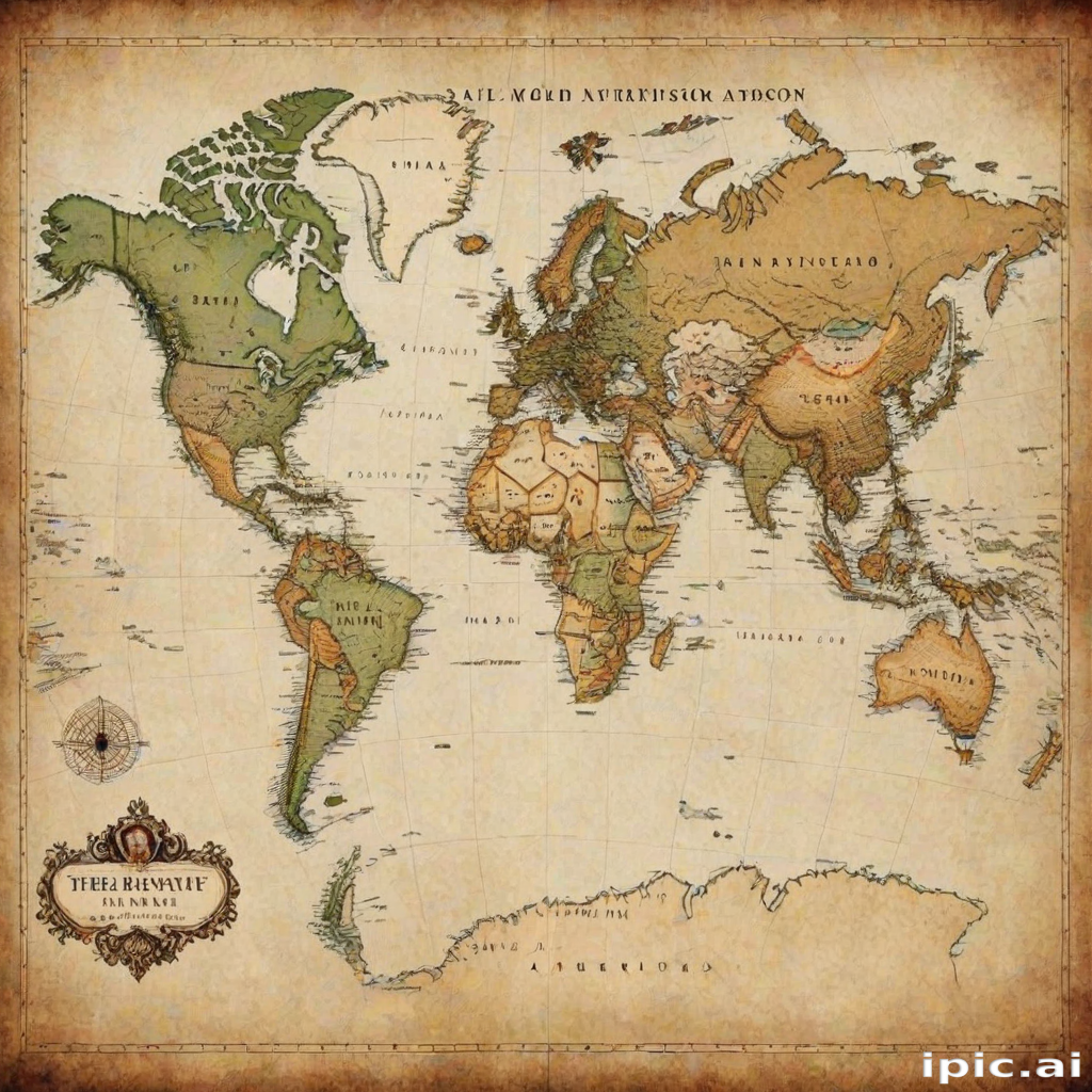 Detailed Vintage World Map Featuring Geographic Features and Historical ...