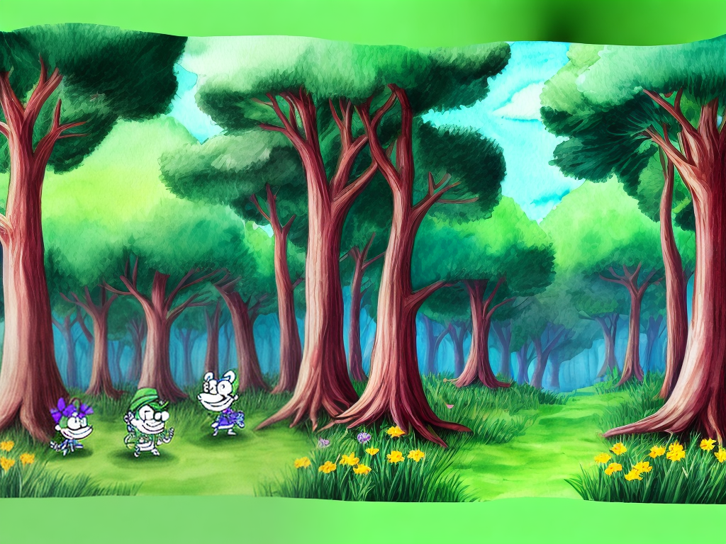 video game cupheads watercolor style summer forest background simple drawing