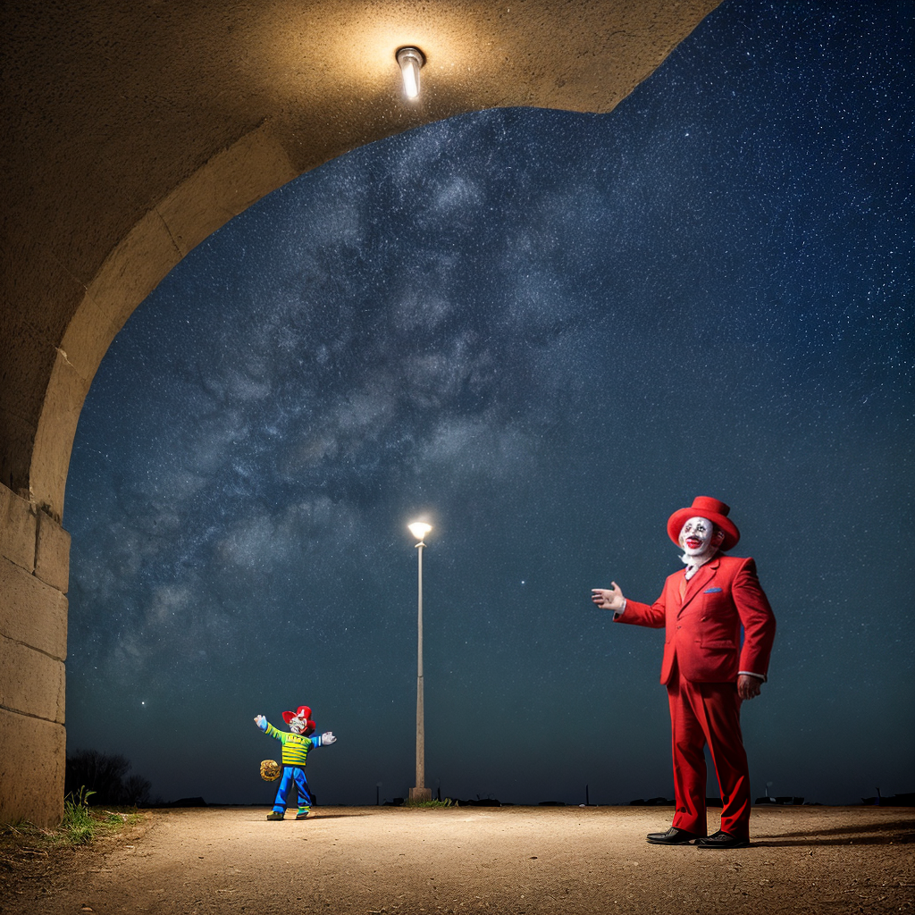 a clown with a colt in his hand, cold night under a street light under ...