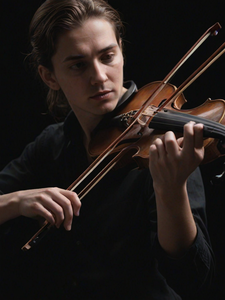 A Young Musician Skillfully Playing the Violin in a Dramatic Setting.