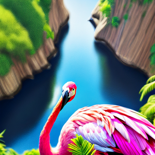 looking down on a flamingo flying over a vibrant jungle river from ...