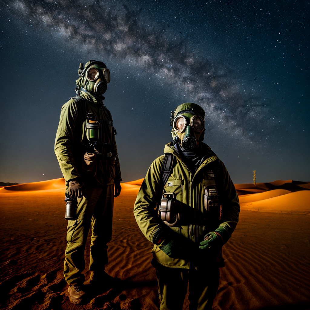 Scientist with a gas mask in a desert at night