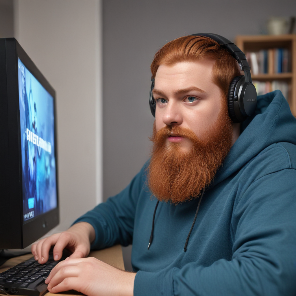 Very Fat ginger haired man with a full beard in a blue hoodie with ...