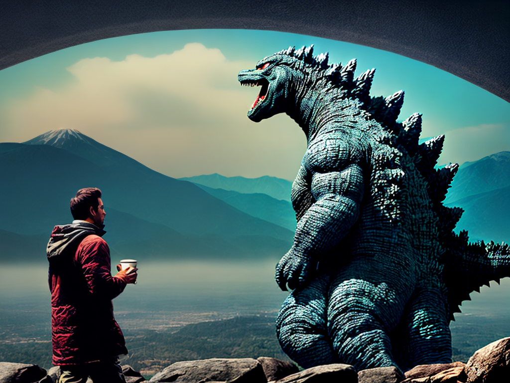 godzilla drinking coffee