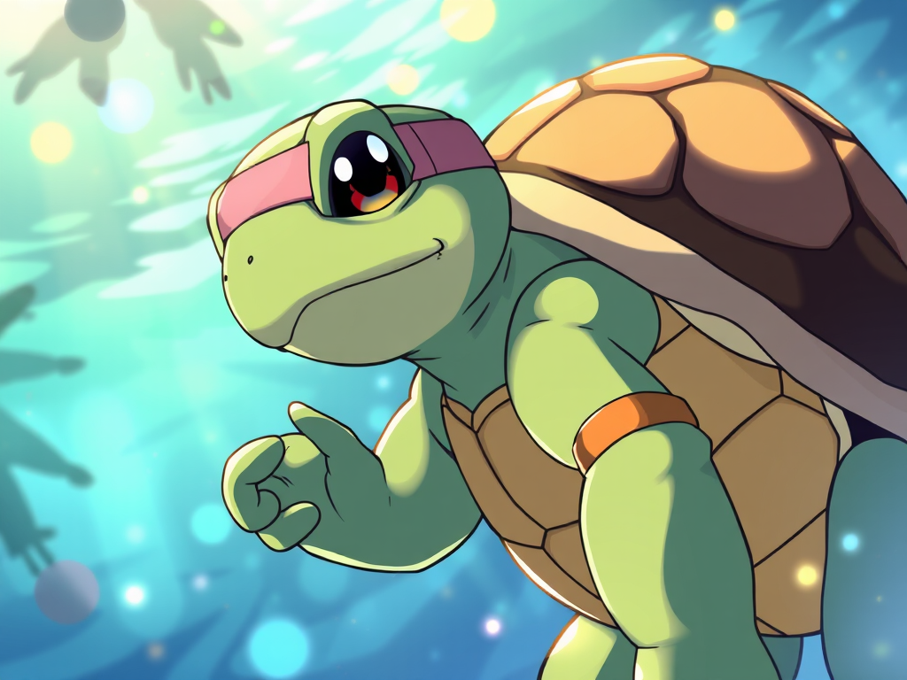 Cheerful Cartoon Turtle Swimming Underwater with Vibrant Colors and Friends