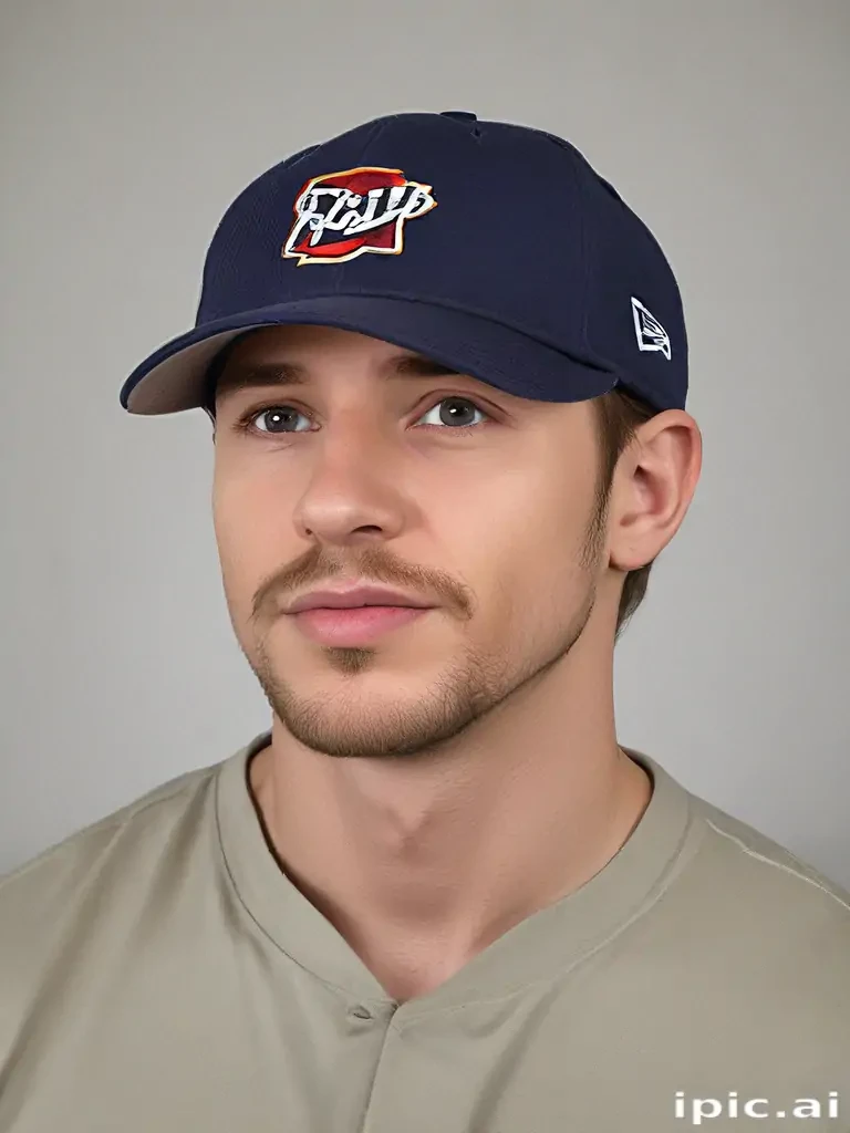 Young Man Wearing a Navy Baseball Cap with a Logo Design