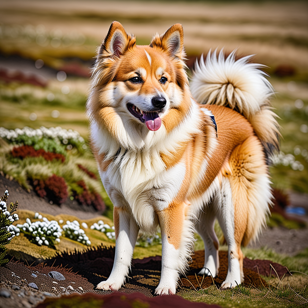 A Beautiful Dog Standing Gracefully Among Vibrant Green Grass and Flowers.