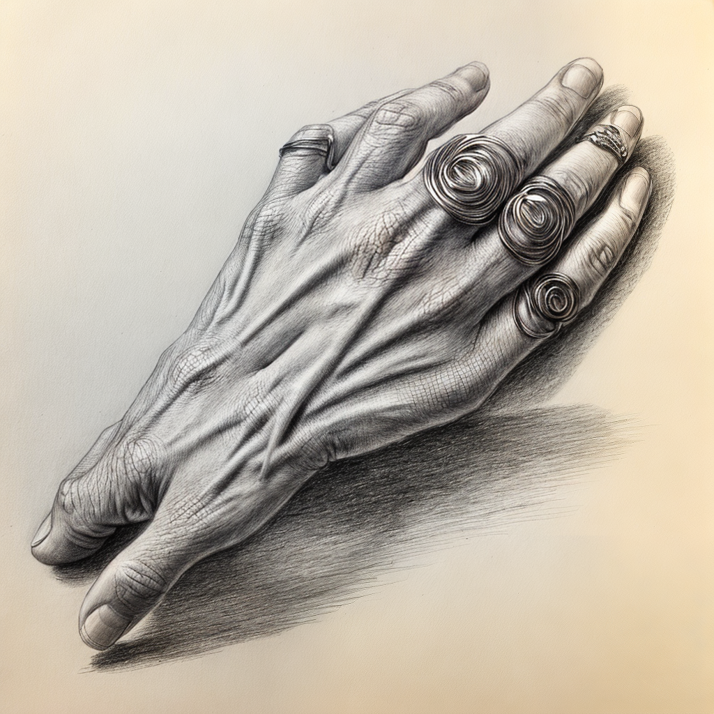 a drawing of a hand drawing itself, in pencil, on a sheet of paper.