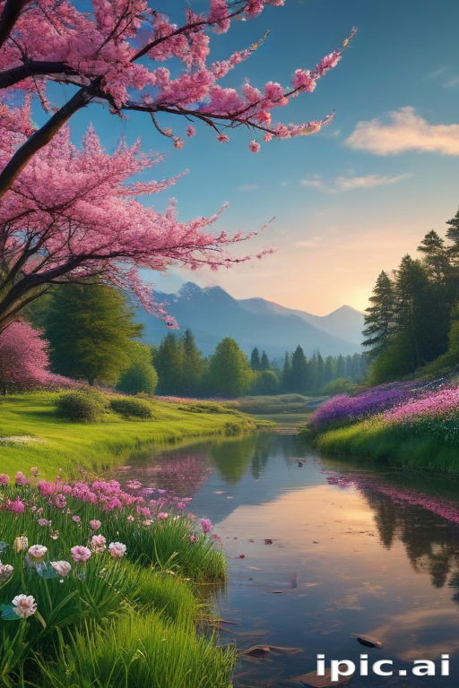 Tranquil Spring Landscape Featuring Cherry Blossoms and Serene ...