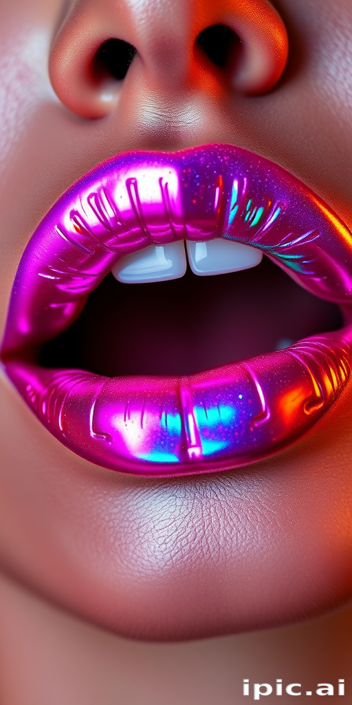 Vibrant Close-Up of Glossy Lips Reflecting Iridescent Colors and Shine